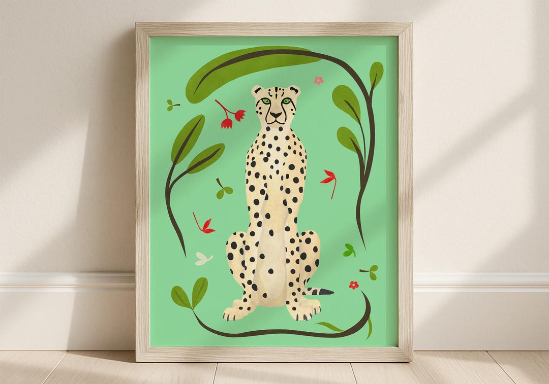 White Cheetah Art Print – Emerald Green Wildlife Wall Art, Elegant ...