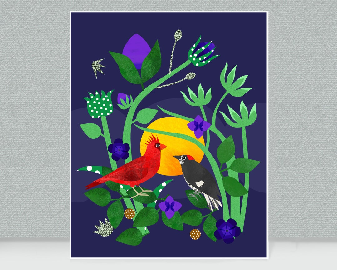 Birds in Moonlight Art Print: Red Cardinal & Woodpecker (digital ...