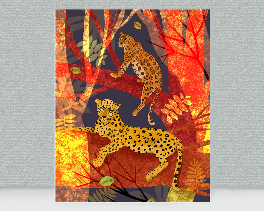 Leopards in Autumn Red, Fall, Sunset, Wildcat Poster, Downloadable Wall ...