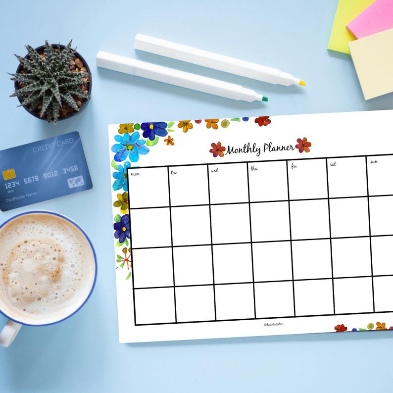 Undated Monthly Planner Printable Landscape,monday & Sunday Start,ink ...