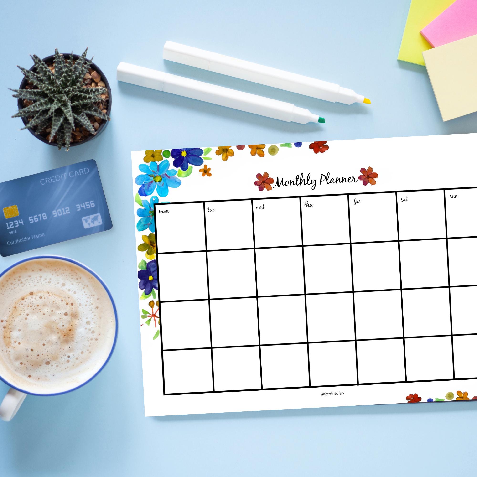 Undated Monthly Planner Printable Landscape,monday & Sunday Start,ink ...