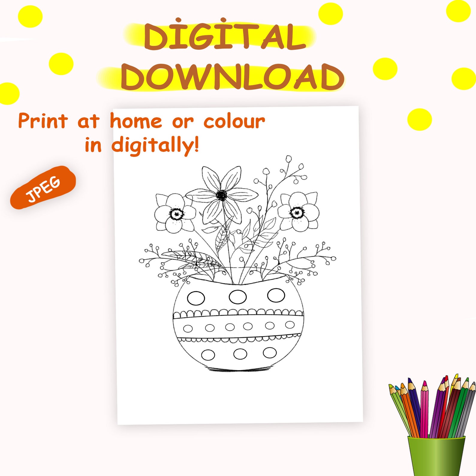Flower Vase Printable Colouring Page - Digital Download-print at Home ...