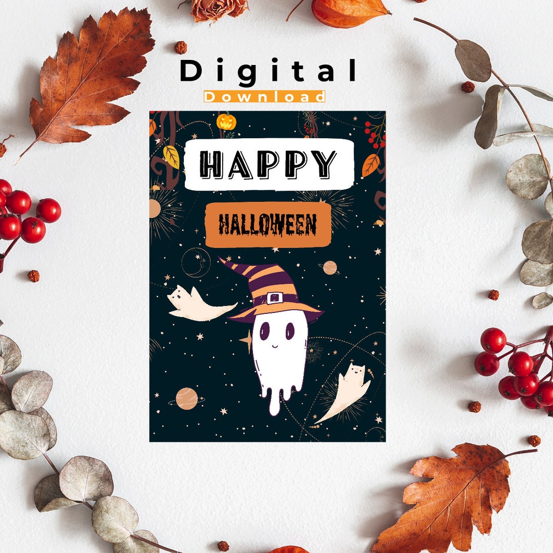 Cute Cat Printable Happy Halloween Card / Ghost Card Template / Instant ...