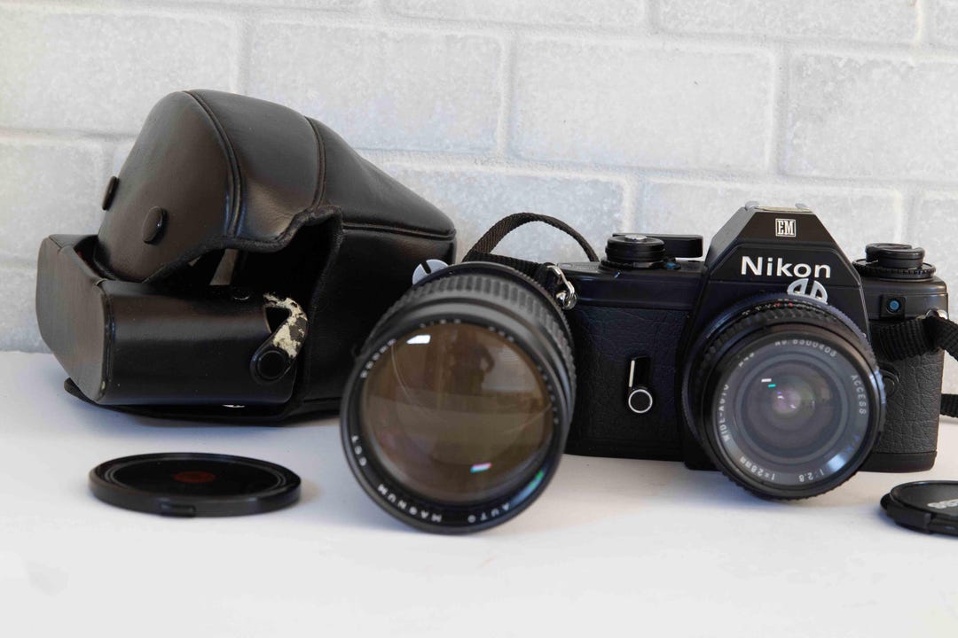 1970s Nikon EM 35mm SLR Film Camera, Access 28mm Lens, 200mm Leather ...
