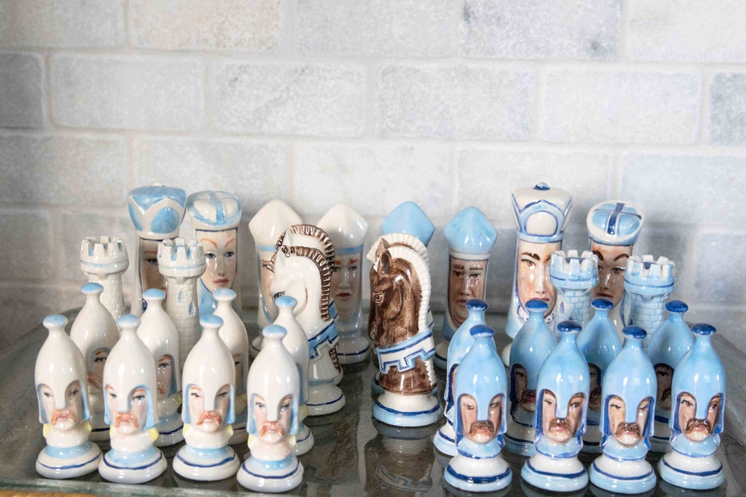 Vintage Duncan Chess Set Medieval Ceramic Faces Hand Painted Rare 32 ...