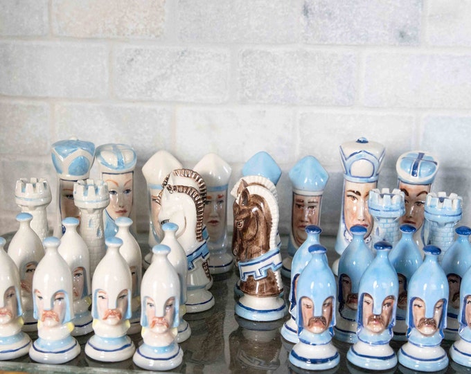 Vintage Duncan Chess Set Medieval Ceramic Faces Hand Painted Rare 32 ...