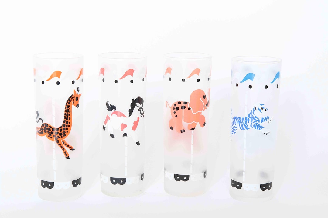 Set Mid Century Libbey Carousel Animals White Frosted Drinking Glasses ...
