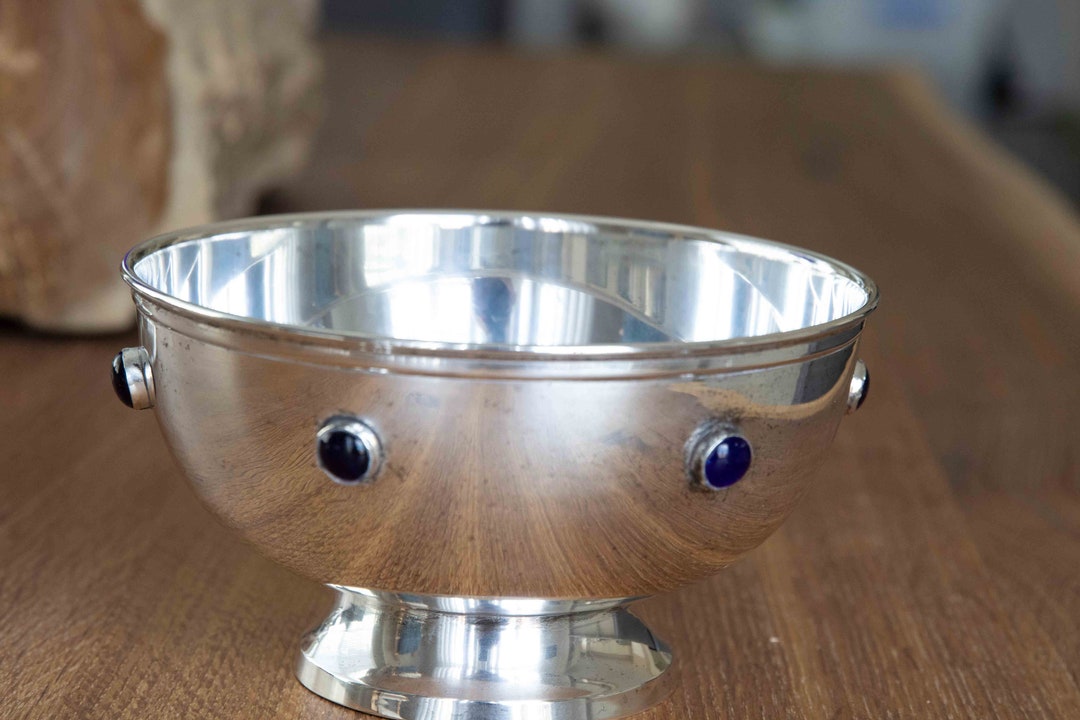 Vintage Silver Plate Footed Bowl With Cobalt Blue Glass Inserts - Etsy