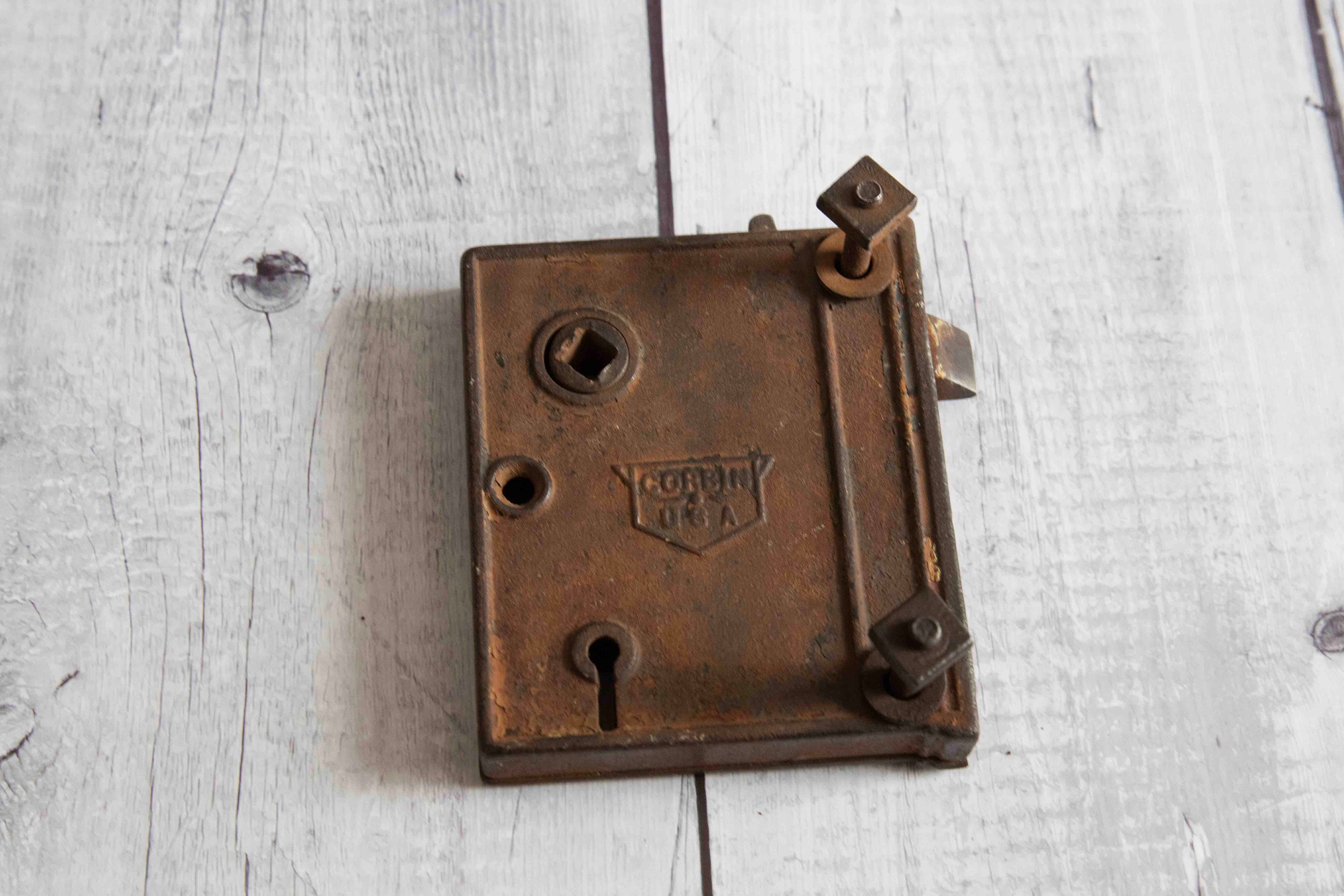 Vintage/antique Corbin USA Mortise Lock Assembly 2 Large Rusty Screws ...
