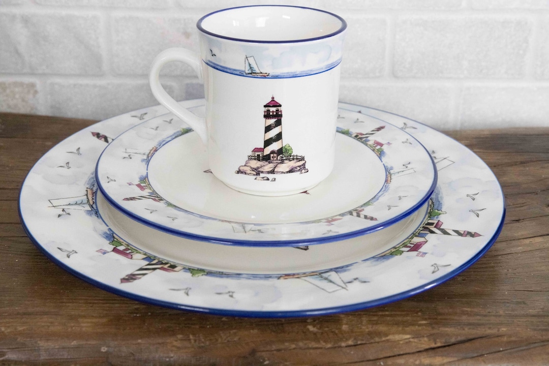 3 Pc. Lighthouse Dishes Beachy, Sailboats, Ocean Nautical Theme Set of ...