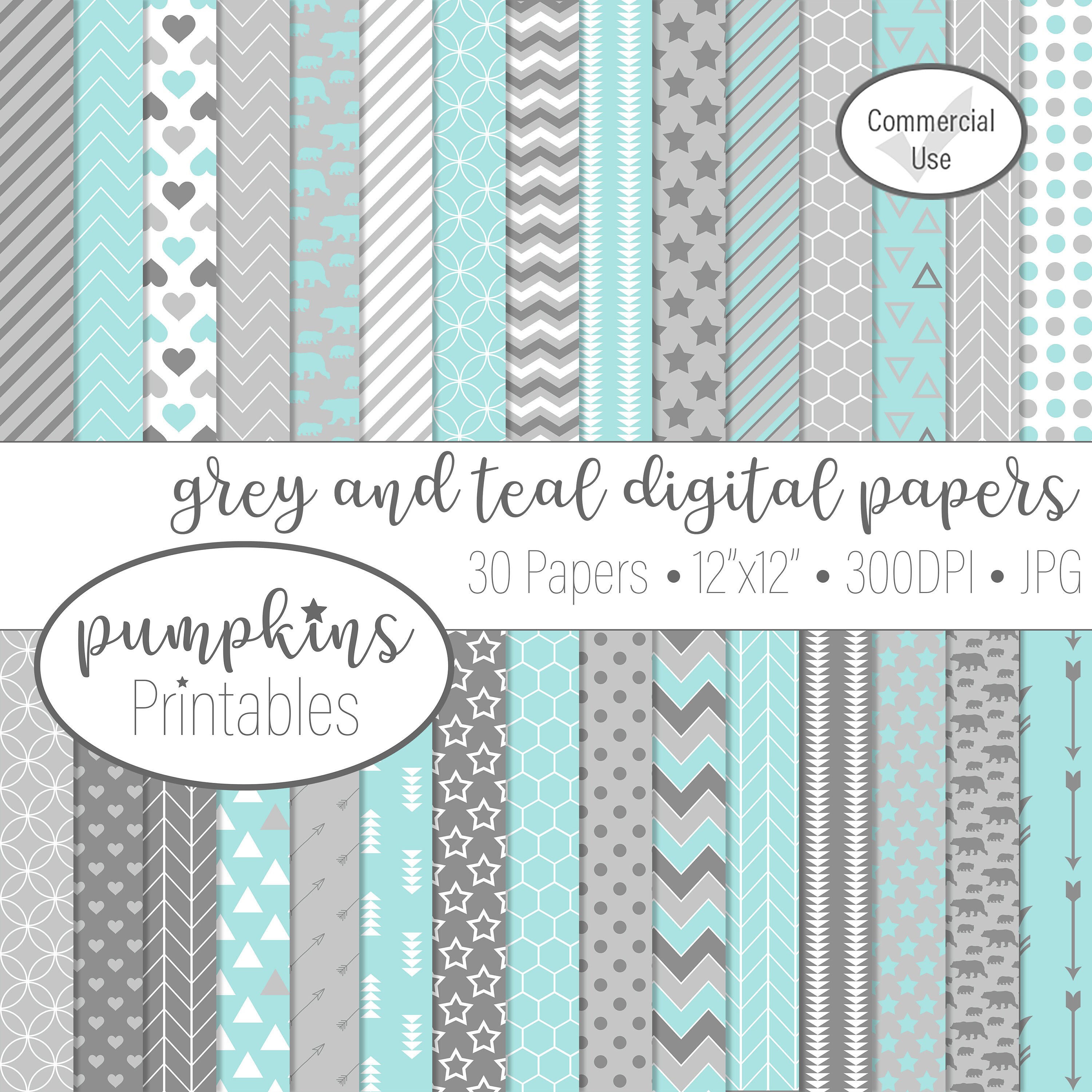 Grey and Teal Digital Paper Pack Digital Paper Scrapbook Paper ...