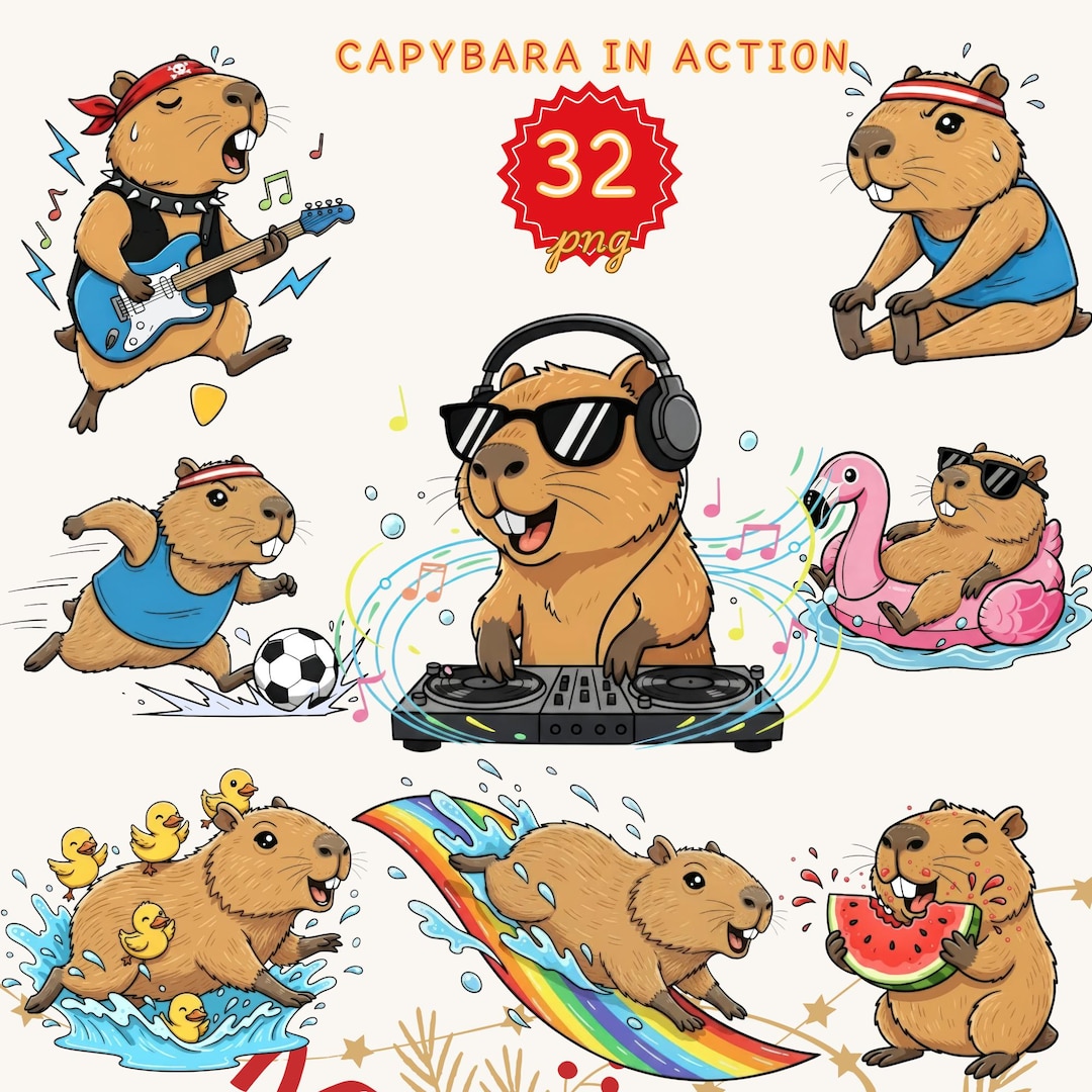 Playful Capybara in Action Clipart Set – Cartoon Animal Pngs for ...
