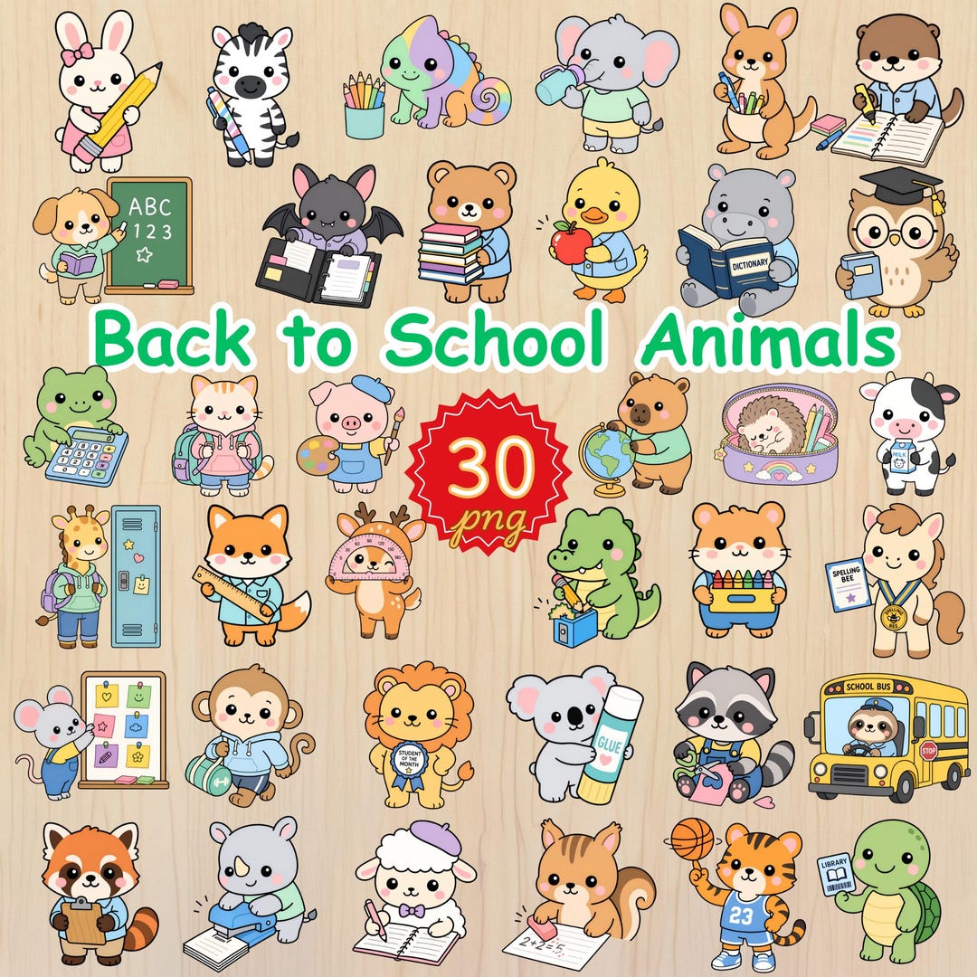 Back to School Animal Clipart PNG, Kawaii School Sticker for Goodnotes ...