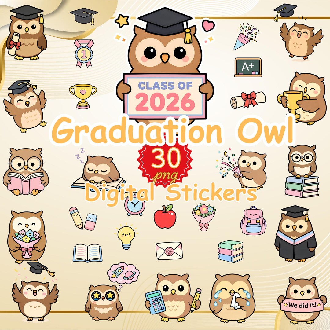 Graduation Owl Digital Stickers, School Clipart, Planner Decor (30 Pre ...