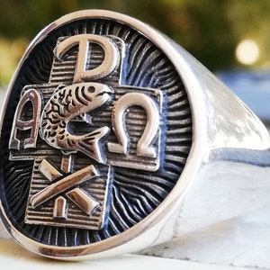 Catholic Cross Alpha Omega Chi Rho Fish Church Handmade 3D Ring Solid ...