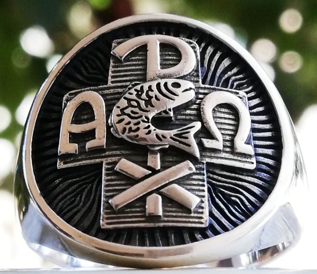Catholic Cross Alpha Omega Chi Rho Fish Church Handmade 3D Ring Solid ...