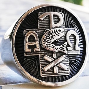 Catholic Cross Alpha Omega Chi Rho Fish Church Handmade 3D Ring Solid ...