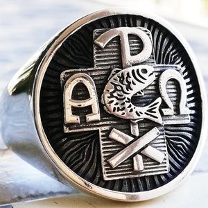 Catholic Cross Alpha Omega Chi Rho Fish Church Handmade 3D Ring Solid ...