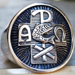 Catholic Cross Alpha Omega Chi Rho Fish Church Handmade 3D Ring Solid ...