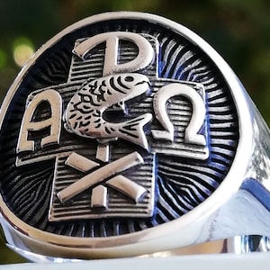 Catholic Cross Alpha Omega Chi Rho Fish Church Handmade 3D Ring Solid ...