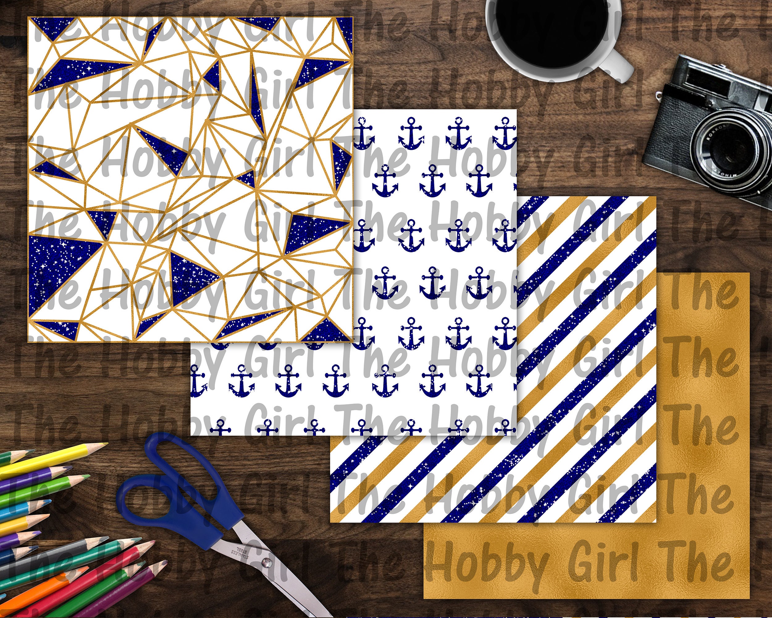 Blue and Gold Digital Scrapbooking Paper Printable Digital Download ...