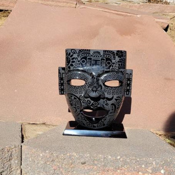 Etched Golden Sheen Obsidian Mask Aztec & Mayan Alter | Etsy