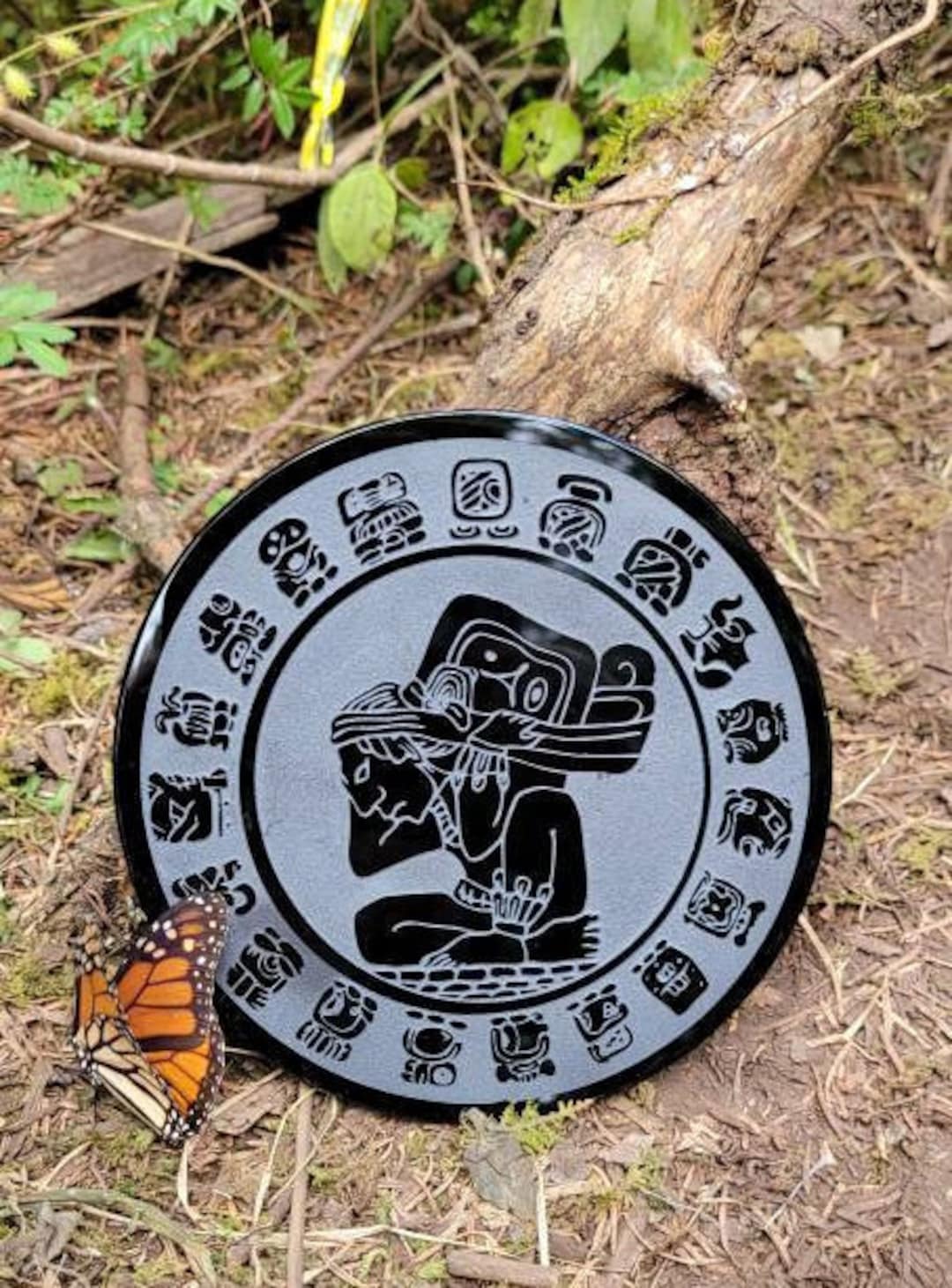 Mayan Etched Calendar Obsidian Mirror 4" 6" 8" * Hand Carved * Scrying ...