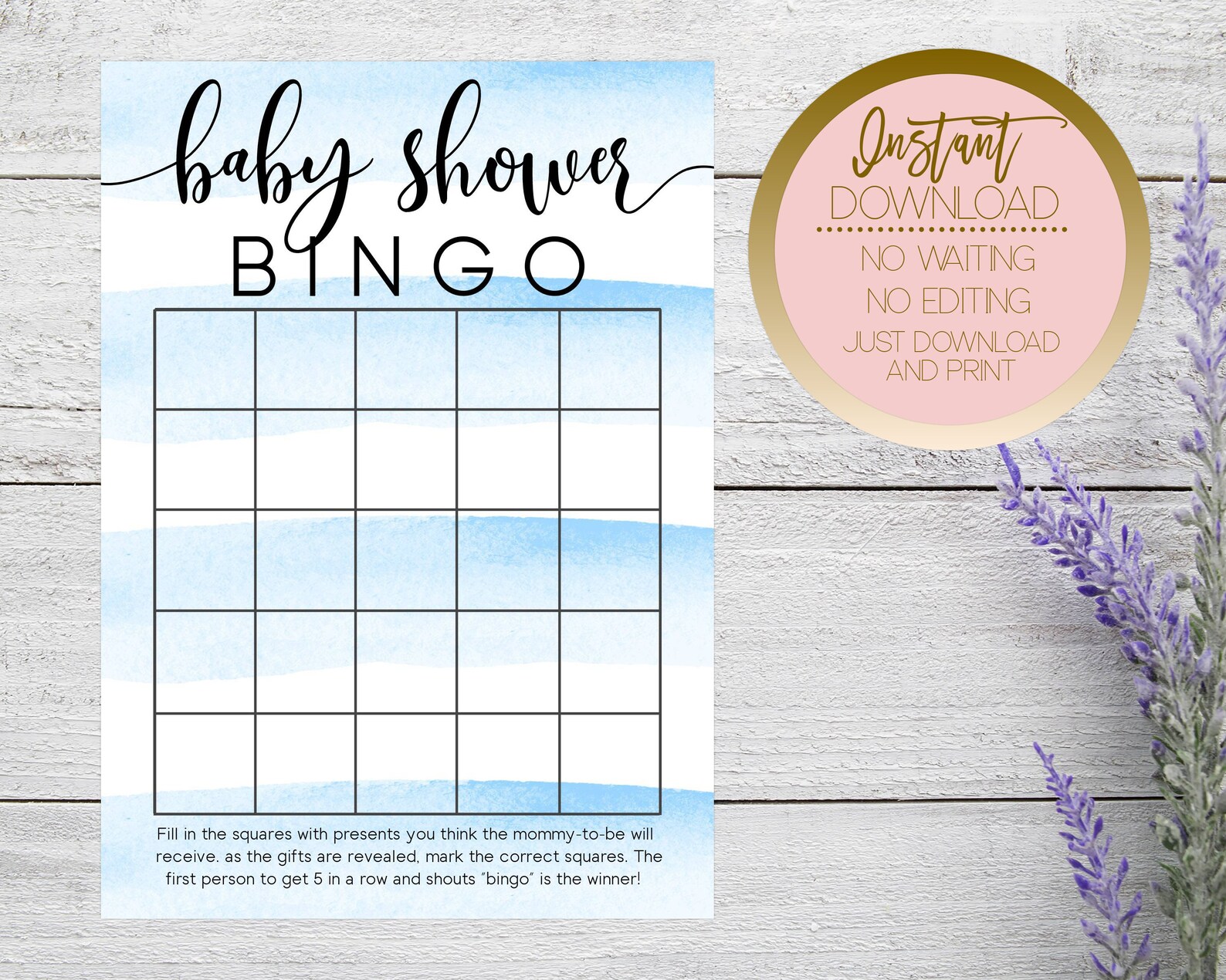 Blue Watercolor Baby Shower Bingo Game Baby Shower Bingo Activity Blue ...