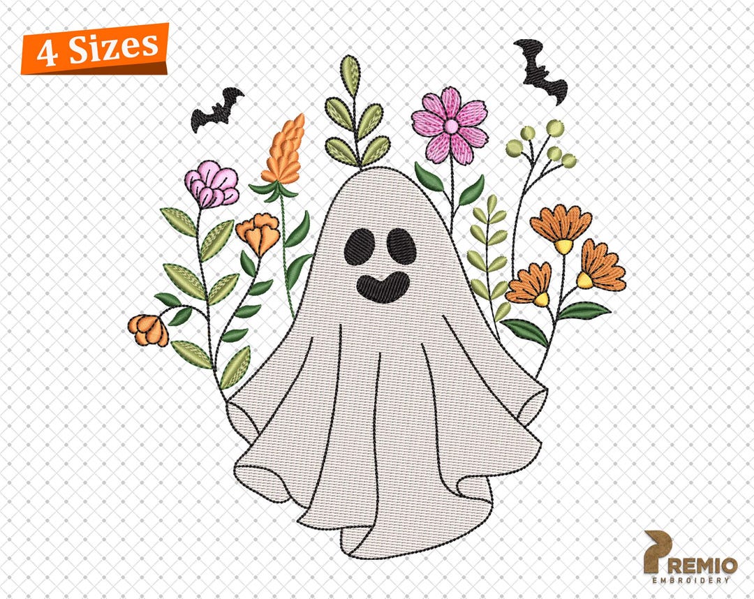 Ghost With Flower Embroidery Design, Halloween Embroidery Design ...