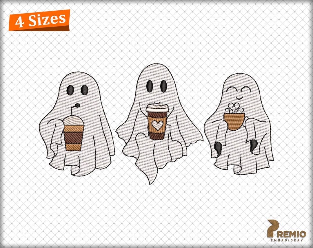 Ghost Ice Coffee Halloween Embroidery Designs, Spooky Trio Ghost ...