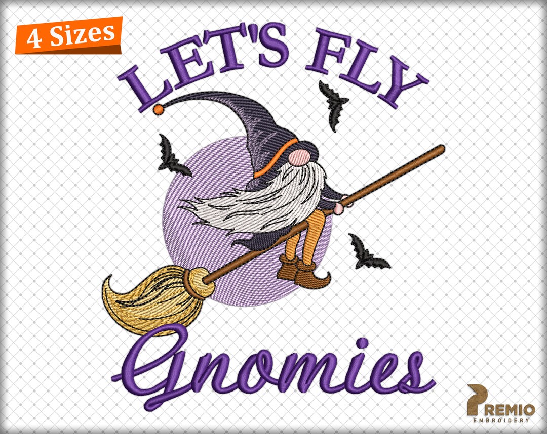 Halloween Gnome Embroidery Design, Let's Fly Gnomies, Flying Gnome on ...