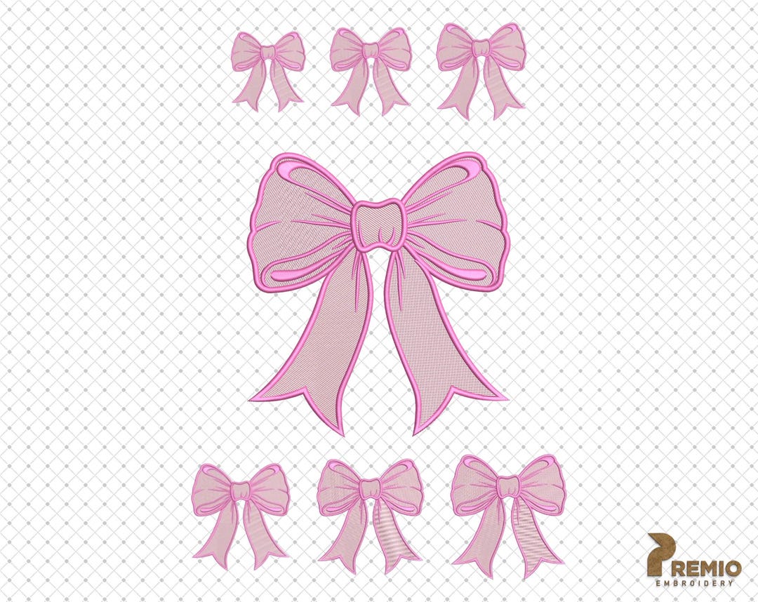Pink Girly Ribbon Bow Embroidery Designs, Whimsical Bow Embroidery ...