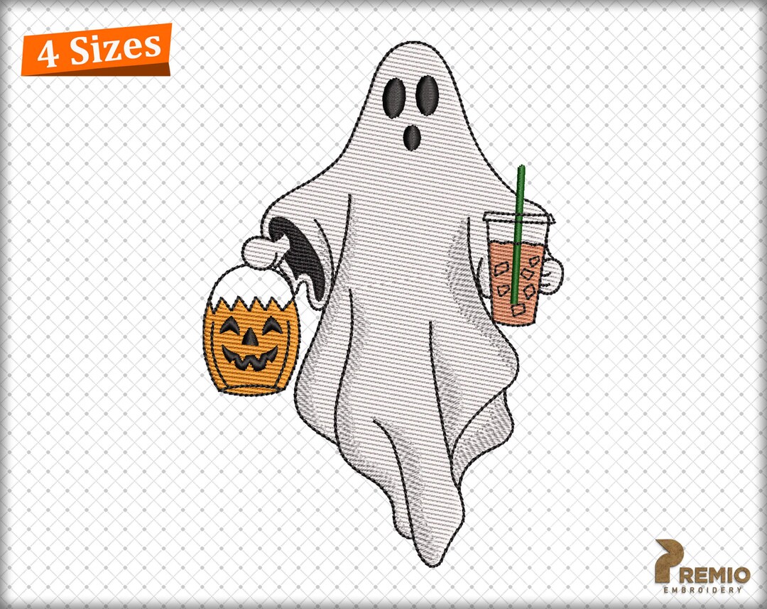 Ghost Drinking Iced Coffee Embroidery Design, Cute Ghost Drinking ...