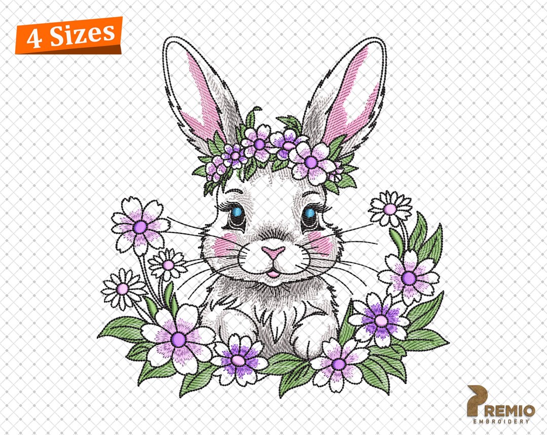 Floral Bunny Machine Embroidery Files, Spring Rabbit Embroidery Design ...