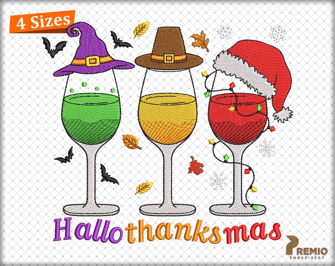 Hallothanksmas Embroidery Designs, Christmas Wine Glasses Embroidery ...