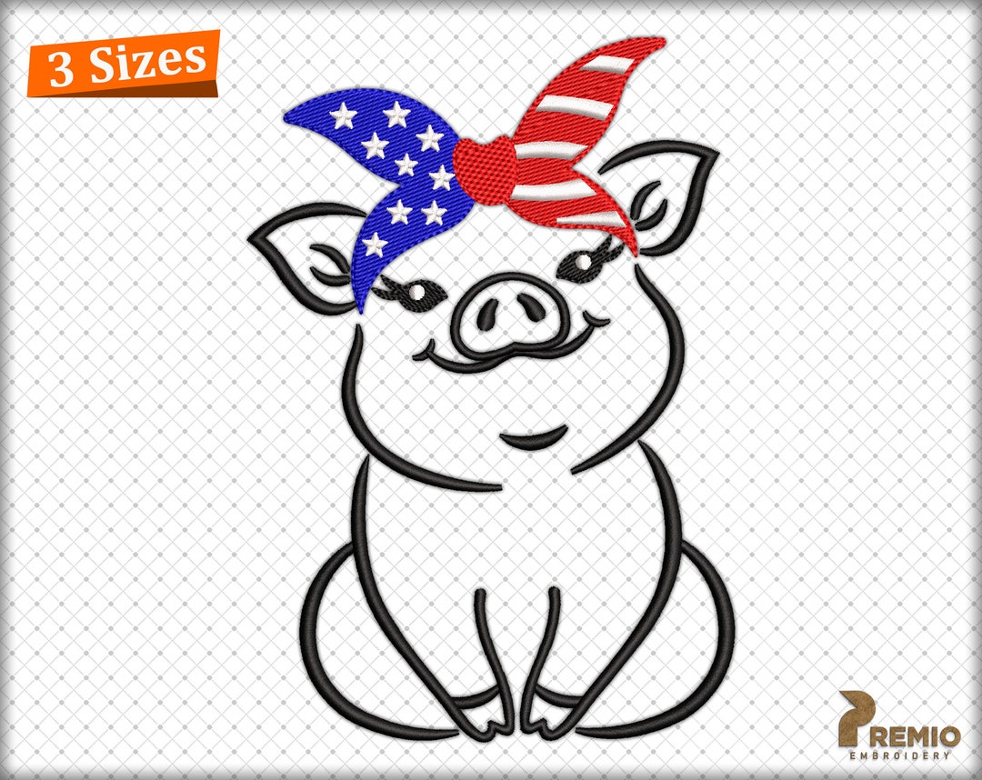 4th of July Pig Embroidery Design, Pig Girl Embroidery Design, 4th of ...