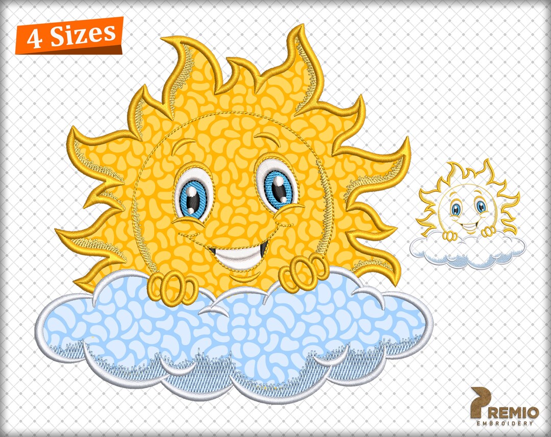 Summer Sun Applique Design, Smiling Sun With Cloud Machine Applique ...