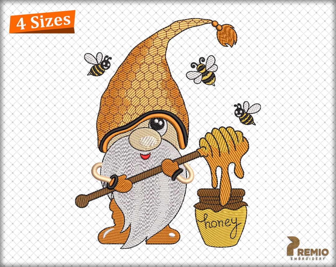 Honey Gnome Embroidery Designs, Sunflower Bee Gnome Machine Embroidery ...
