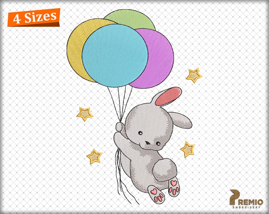 Flying Bunny Embroidery Designs, Easter Rabbit With Flying Balloon ...