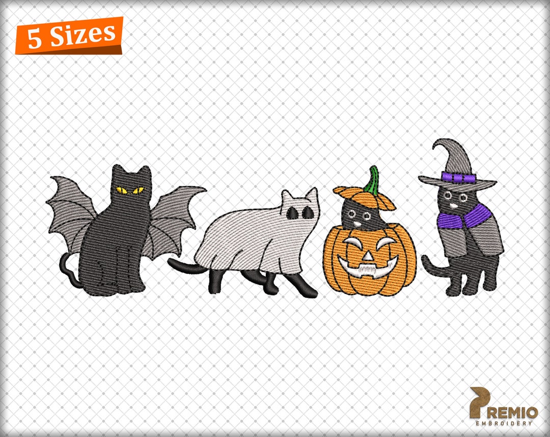 Cat Ghost Embroidery Design, Halloween Witch Cat Embroidery Design ...