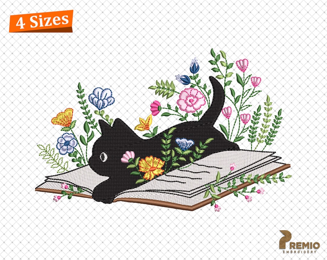 Floral Cat Embroidery Design, Floral Cat Book Embroidery Design, Floral ...