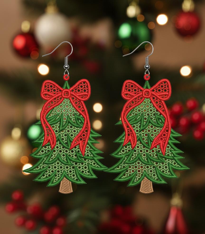 FSL Christmas Trees Embroidery Design, Christmas Tree Bow FSL Ornament ...