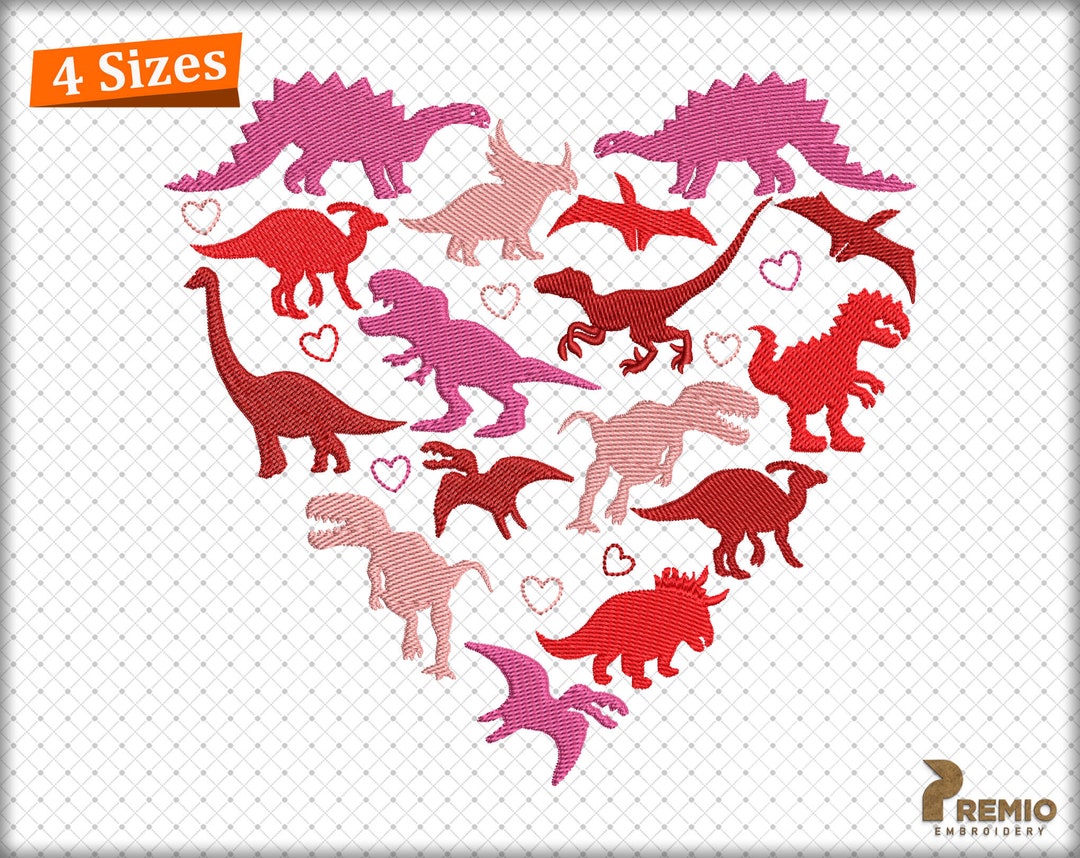 Dinosaur Heart Embroidery Design, Valentine Dinosaur Machine Embroidery ...