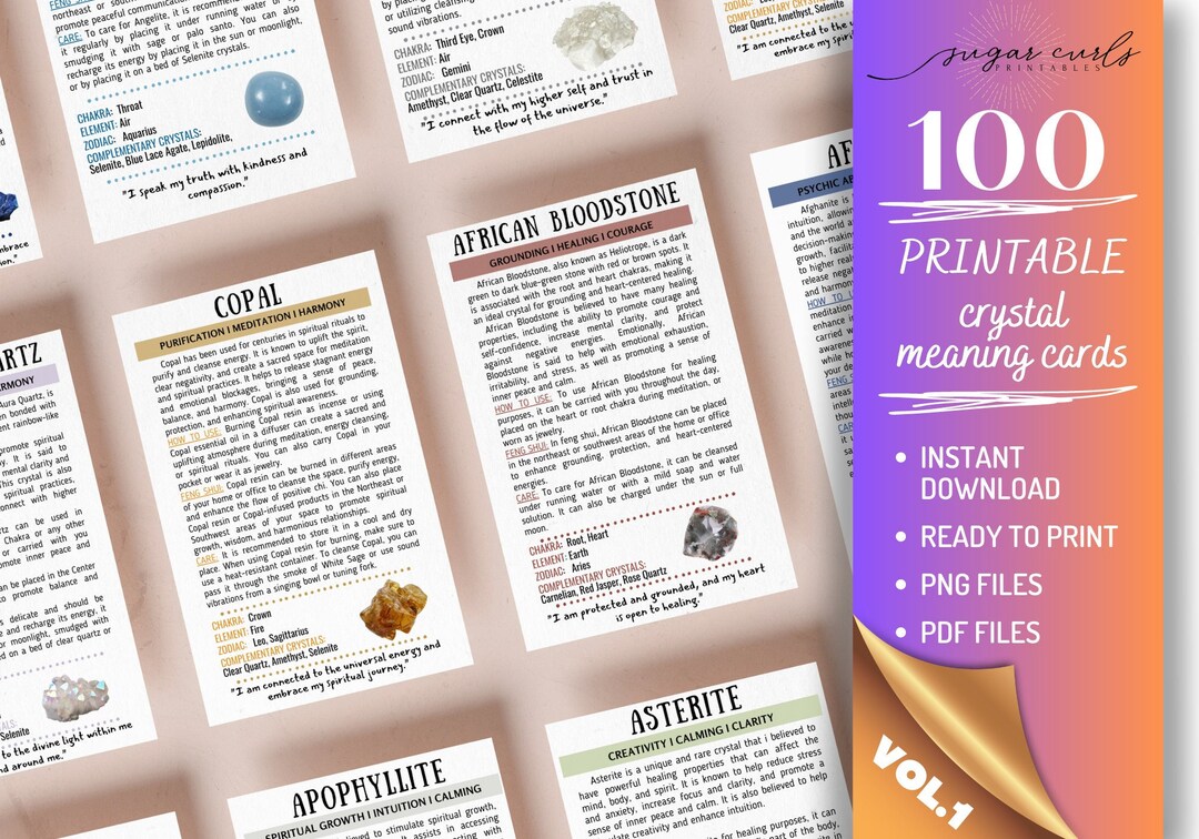 VOL.1 Set of 100 Printable Crystal Meaning Cards Printable - Etsy