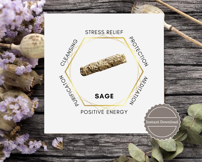 Sage Smudge Printable Crystal Meaning Card. Digital Download Crystal ...