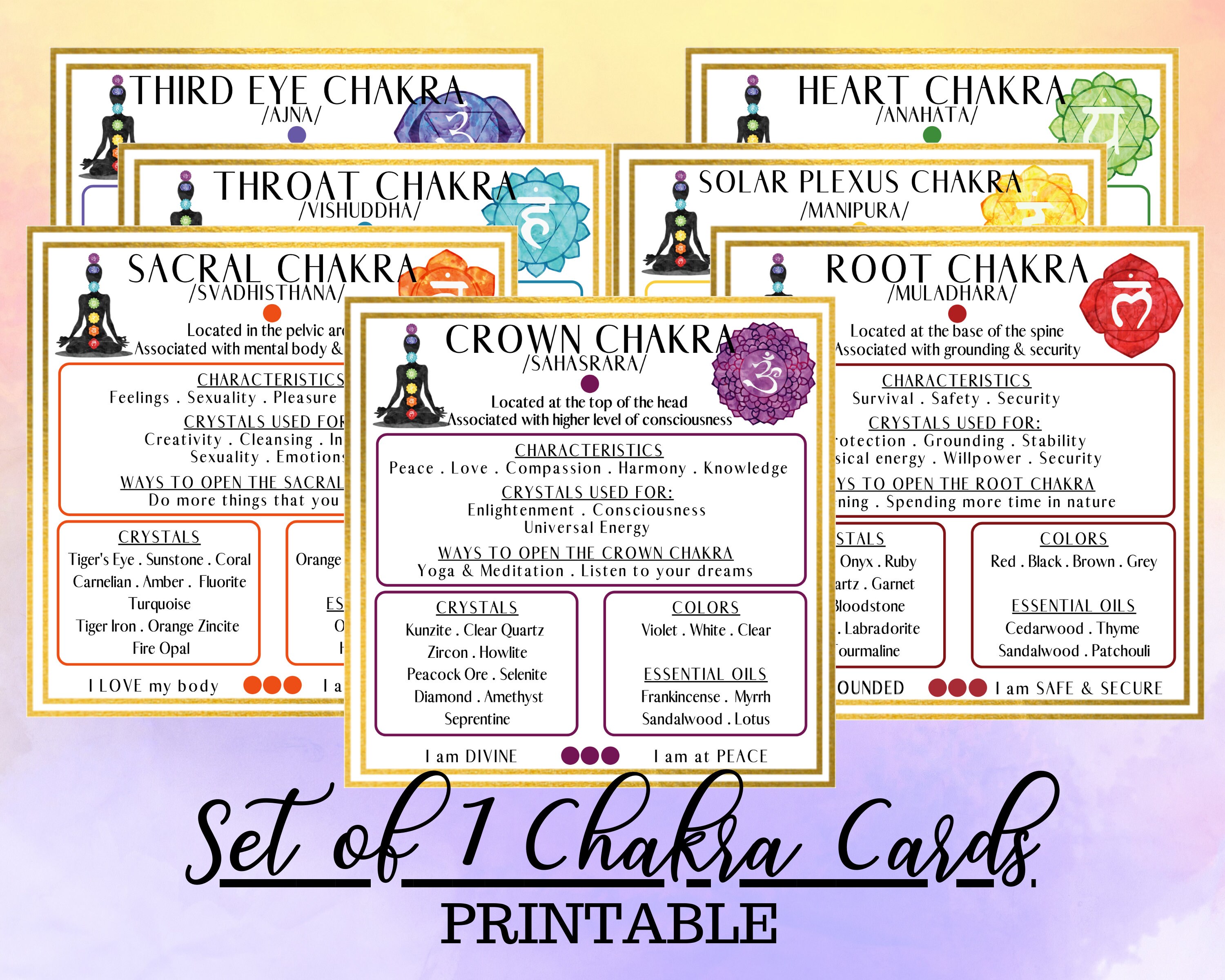 Set of 7 Printable Chakra Cards. Seven Chakra Balancing Healing Jewelry ...