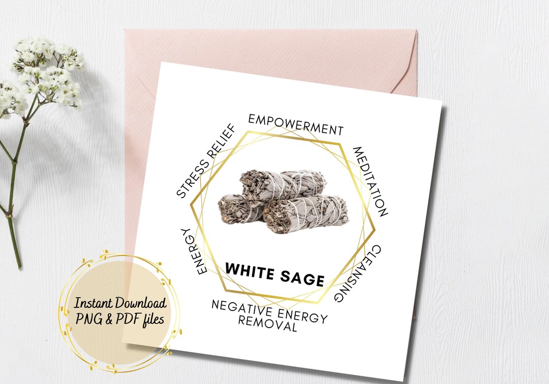 Tarjeta de significado de cristal imprimible White Sage Smudge Etiqueta ...