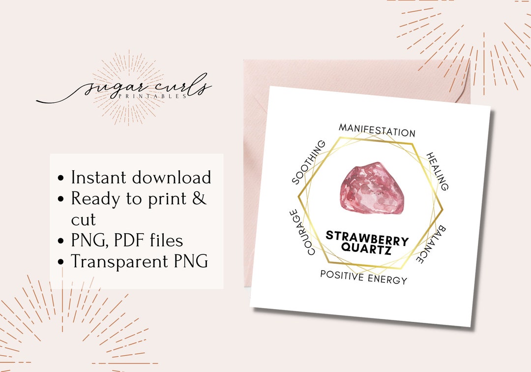 Strawberry Quartz Gemstone Printable Crystal Meaning Card Product Tags ...
