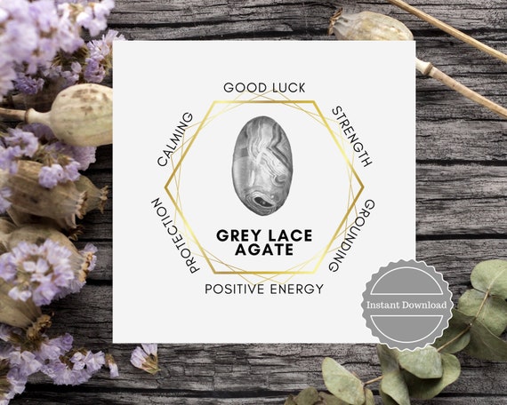 Grey lace agate stone printable crystal meaning card Product | Etsy