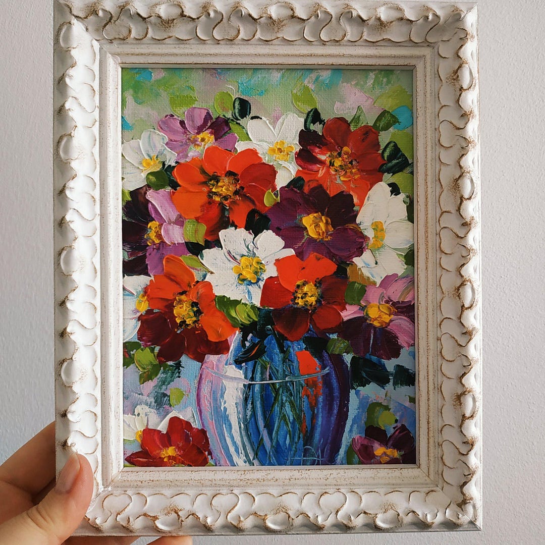 Poppy Painting Daisy Original Art Impasto Oil Painting Small Artwork 3D Art Gift Framed 6x8 ...
